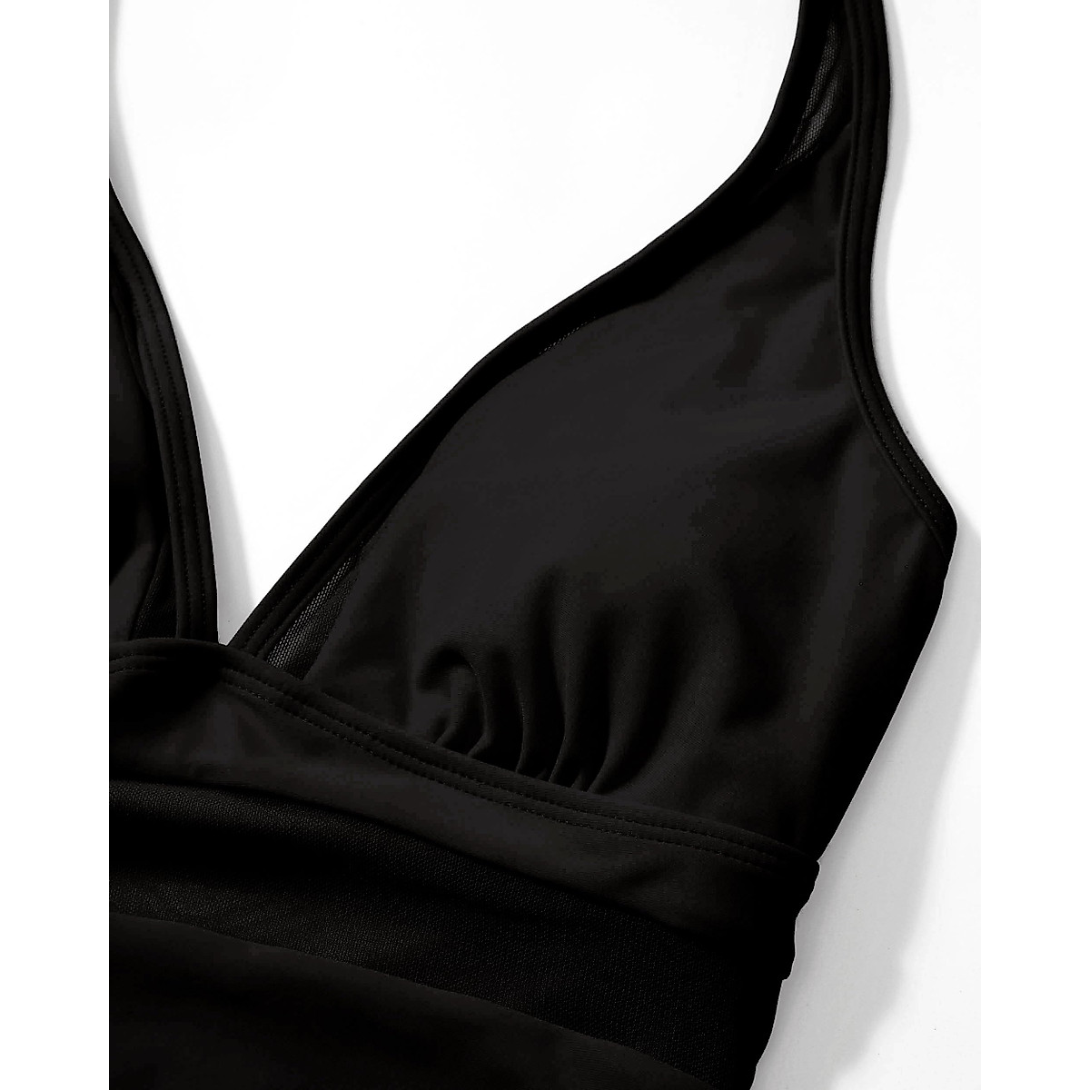 RXRXCOCO Women Sexy V Neck Mesh One Piece Bathing Suit Halter Push Up Tummy Control Swimsuit Swimwear X-Large Black