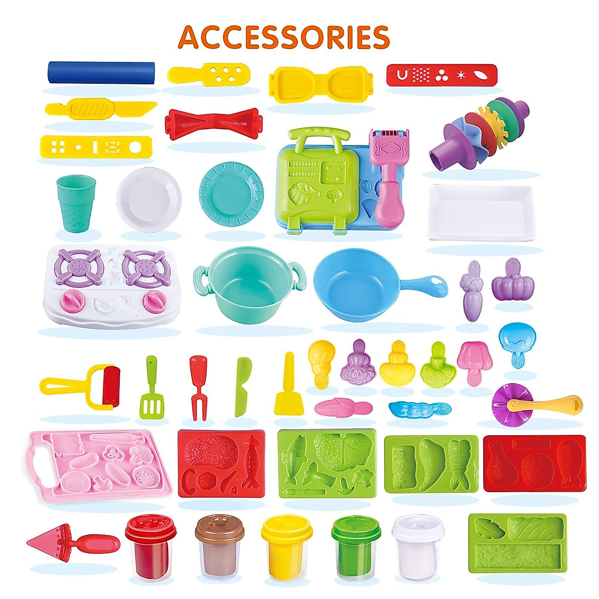 YiQis Kitchen Creatiocns Super Chef Suite Playset,Playdough Sets for Kids Ages 2-4,Preschool Cooking Play Food Toy 40 Accessories & Tools,5 Cans 2 oz Compound Dough Colors Sets for Kids 4-8