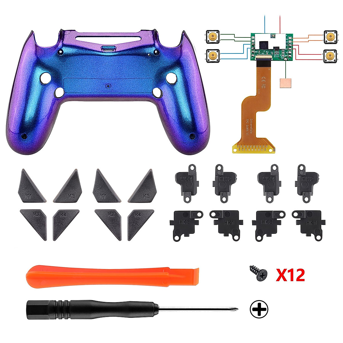 eXtremeRate Chameleon Purple Blue Dawn Programable Remap Kit for PS4 Controller with Upgrade Board & Redesigned Back Shell & 4 Back Buttons - Compatible with JDM-040/050/055 - Controller NOT Included