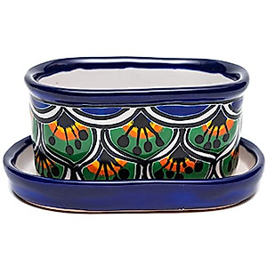 Enchanted Talavera Mexican Talavera Ceramic Succulent Pot Mini Flower Planter Cactus Bonsai Pot W/Drainage & Drip Dish Home Garden Office Desk Décor Gift Set (Peacock)