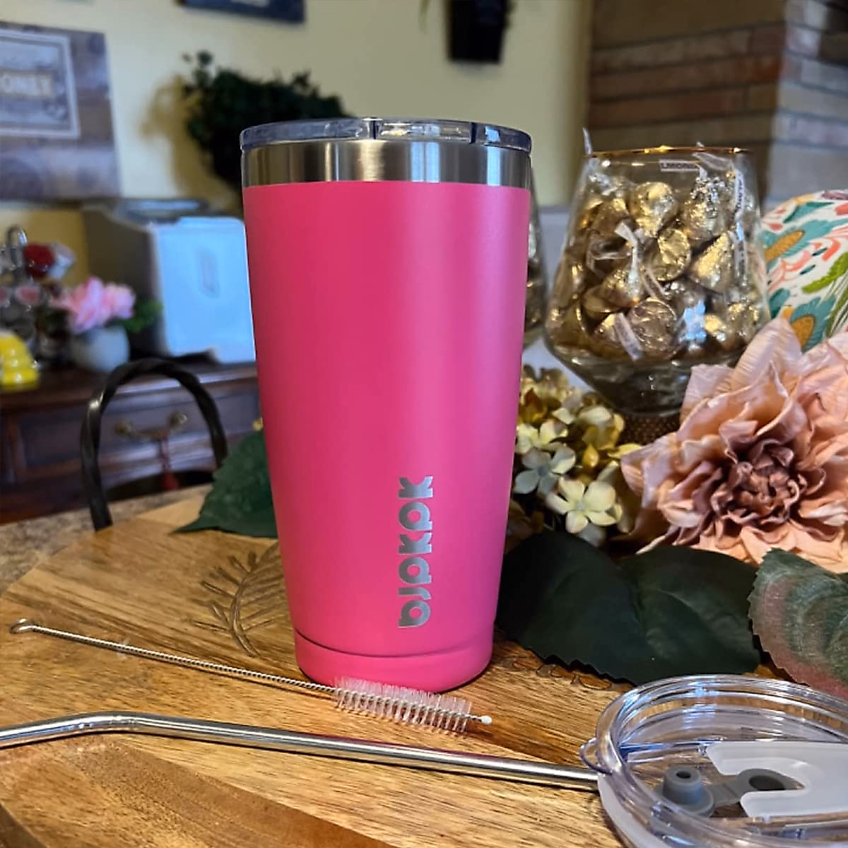 BJPKPK 20 oz Insulated Tumblers With Lid And Straw Travel Coffee Mug Tumbler Cup,Pink