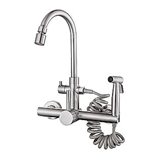 Wall Mount Kitchen Faucet 8 Inch Faucet Brushed Nickeled Faucet for Kitchen, with Spray Gun and 2 Water Jet, Swivel 360° spout Wall Faucet, Wall mounting Kitchen Faucet