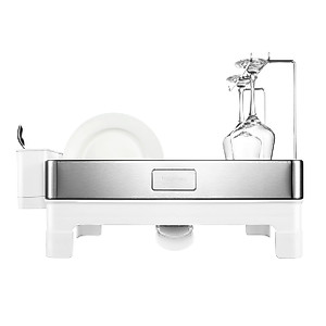 happimess DSH1003B Simple 20.5" Fingerprint-Proof Stainless Steel Dish Drying Rack, Dish Rack with Swivel Spout Tray and Wine Glass Holder, Utensil Holder, Stainless Steel/White, Silver/White