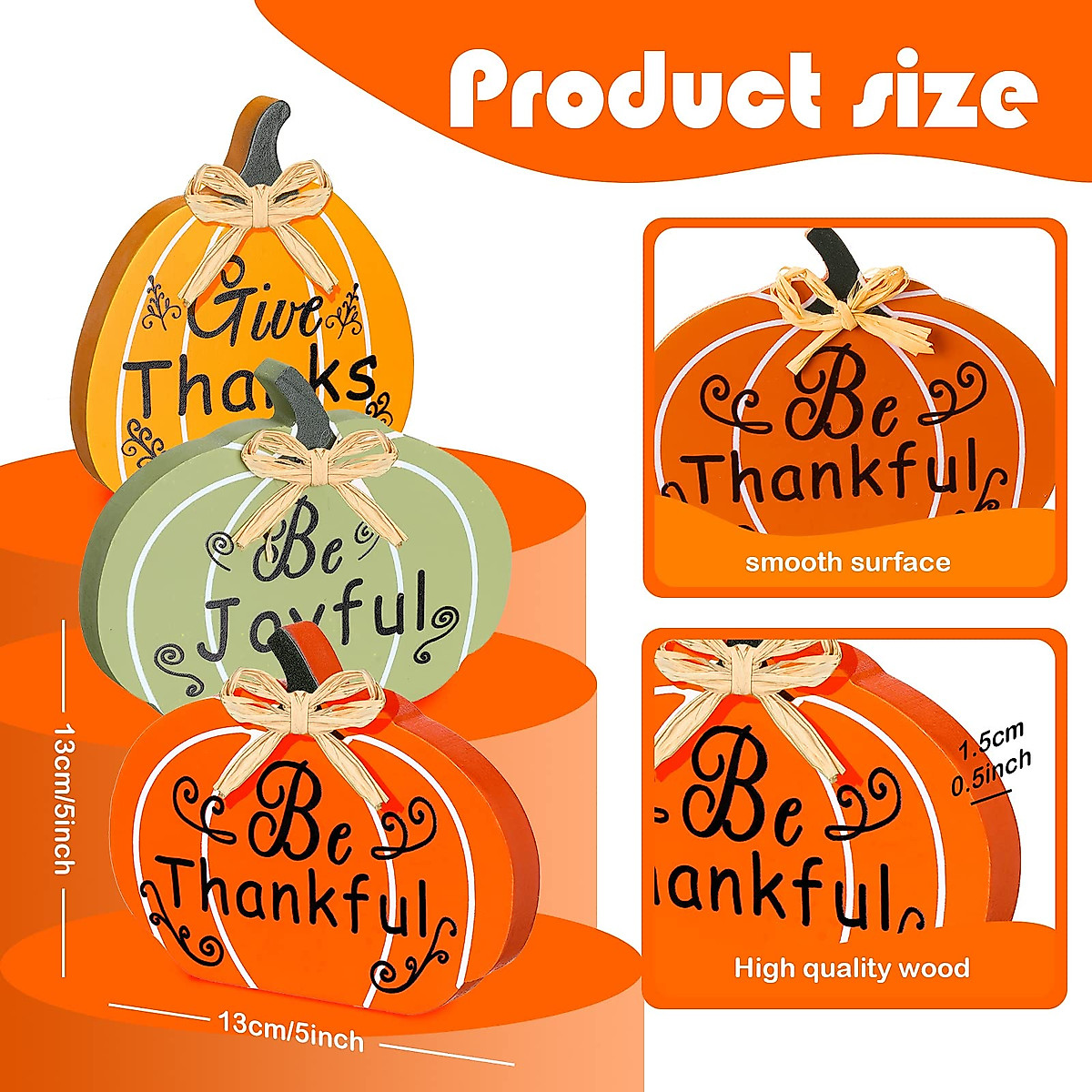 3 Pcs Fall Wooden Pumpkin Sign Fall Thankful Joyful Thanks Pumpkin Tiered Tray Decor Fall Table Signs Harvest Thanksgiving Wood Block Sign for Home Party Halloween Decorations (Orange, Green, Yellow)