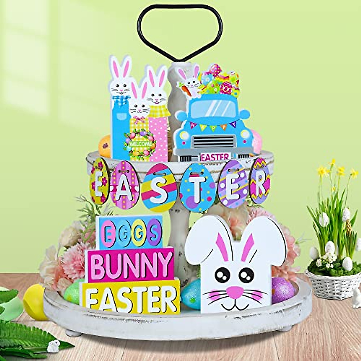 5 Pcs Easter Tiered Tray Decor Decorations Set, Farmhouse Easter Wooden Signs Table Centerpieces with Mini Easter Eggs Garland, Cute Easter Bunny Table Decor for Home Indoor Welcome Sign Easter Gift