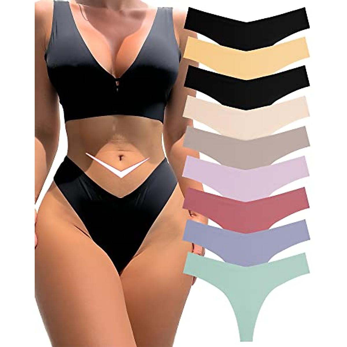 FINETOO 9 Pack Seamless Thongs for Women No Show Underwear V Waisted Comfortable Sexy Thong Panties XS-L