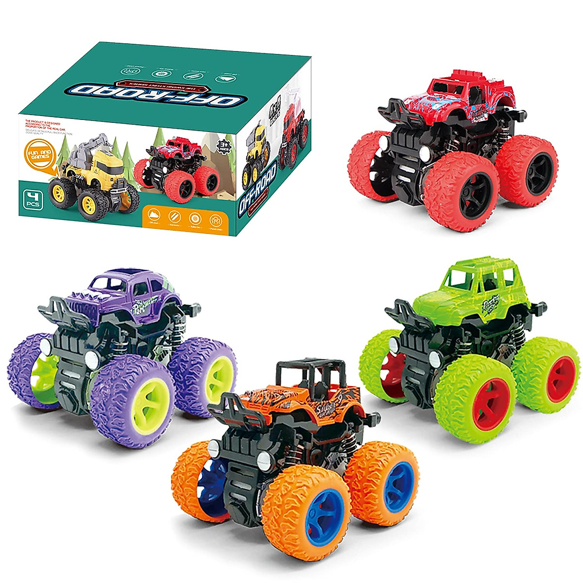 Chdutoys Monster Trucks For Boys 3 years Toys Cross Country Inertia Toy Car Monster Trucks Stunt Toy Car Push Toy Car for 3 4 5 Year Old Boys Children Toy Boy Toy 4pcs Toy Car Mini Monster Trucks
