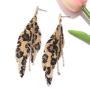 NVENF Feather Tassel Dangle Earrings for Women Bohemian Faux Leather Plume Gold-tone Metal Chain Fringe Statement Drop Earrings Vintage Ethnic Style Jewelry (Leopard)