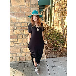 GRECERELLE Women's Casual Loose Pocket Long Dress Short Sleeve Split Maxi Dress Black X-Large
