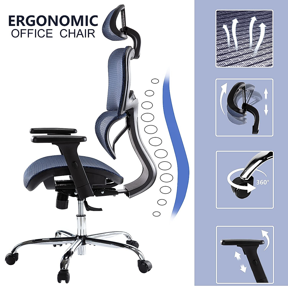 Ergonomic Chair, High Back Executive Desk Chair, Modern Office Chair with Lumbar Support, Breathable Mesh Chair, with 3D Adjustable Armrests,Headrest and Lumbar Support, Steelblue