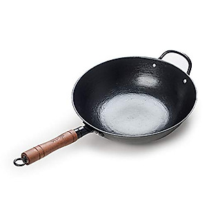臻三环 ZhenSanHuan Cast Iron Woks and Stir Fry Pans, No Coating, Induction Suitable, Flat Bottom (32CM/12.6in)