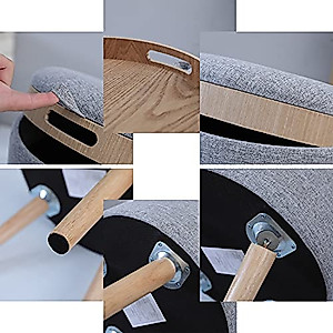 SOFT ASS Multi-Functional Round Storage Ottoman Footrest with Coffee Table Tray, Light Grey Linen with Detachable Wooden Feet/Footstool for Bedroom, Study and Living Room (Light Grey1)