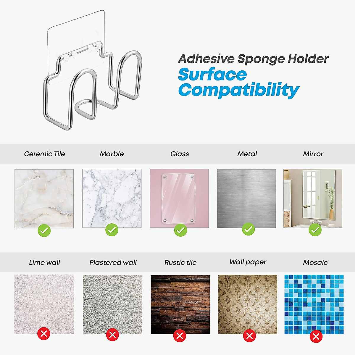 Sponge Holder Sink Caddy for Kitchen Accessories, No Drilling Adhesive ,Rustproof SUS304 Stainless Steel