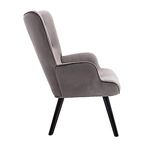 Dolonm Velvet Accent Chair Modern Tufted Button Wingback Vanity Chair with Arms Upholstered Tall Back Desk Chair with Solid Wood Legs for Living Room Bedroom Waiting Room(Silver Grey)