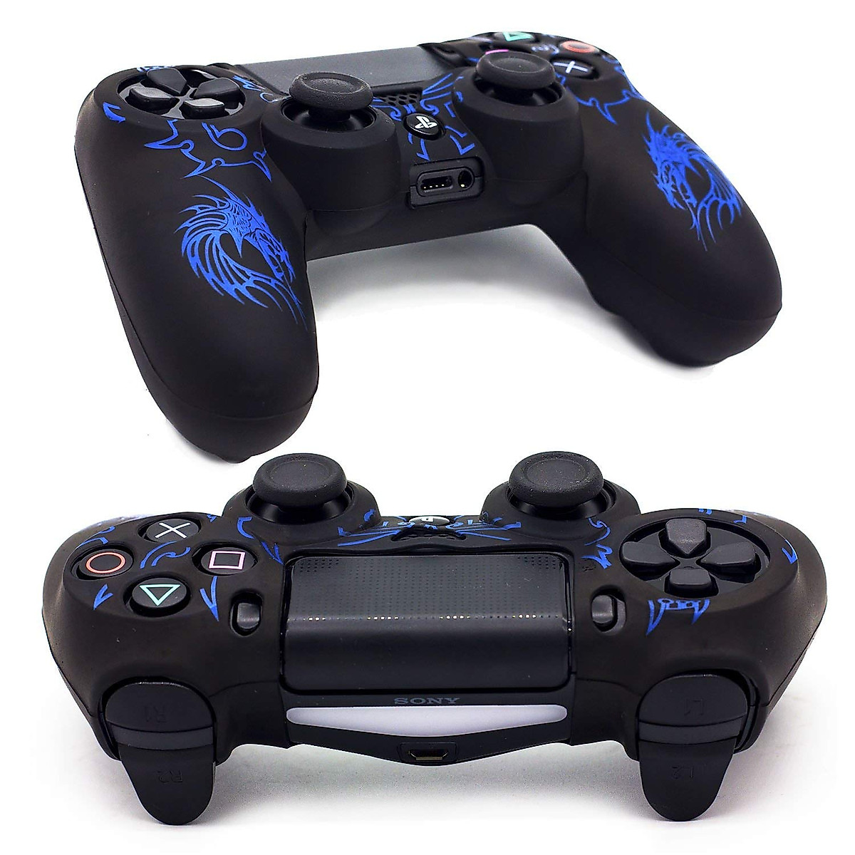Controller Skin for PS4, BRHE Anti-Slip Grip Silicone Cover Protector Case Compatible with PS4 Slim/PS4 Pro Wireless/Wired Gamepad Controller with 2 Dragon Carving Thumb Grip Caps