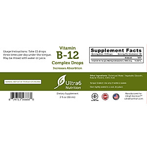 Ultra6 Nutrition Vitamin B12 Sublingual Liquid Drops - B12 Methylcobalamin Supplement Great for Energy & Tiredness - Vitamin-B Supplements for Women & Men - 90 Day Supply