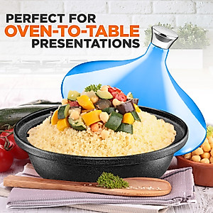 NutriChef Cast Iron Moroccan Tagine - 11.6 Inch Tajine Cooking Pot with Stainless Steel Knob, Enameled Base, Cone-Shaped Enameled Lid - Oven and Dishwasher safe - 2.75 Quart, Blue