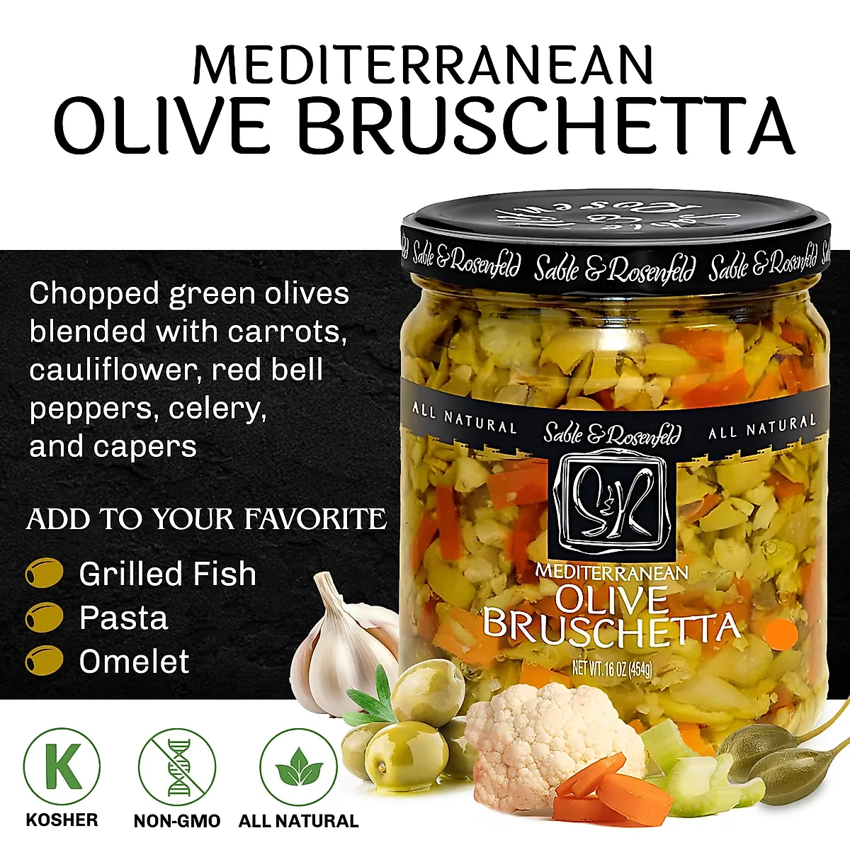 Mediterranean Olive Bruschetta - Gluten-Free Green Olive Sandwich Spread with Olive Oil for Muffuletta, Sandwiches, Dips, Crackers, Salads, & Appetizers, Kosher - Sable & Rosenfeld - 16 Oz (Pack 1)