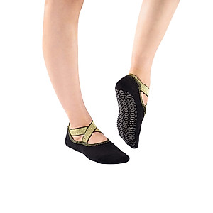 Teebulen Women's 2-Pack Black/Grey Cushioned Anti Skid Non-Slip Grips Cotton Yoga Barre Pilate Home Socks,Size 4-7