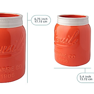 Comfify Wide Mouth Mason Jar Utensil Holder Decorative Kitchenware Organizer Crock, Chip Resistant Ceramic, Dishwasher Safe - Kitchen Caddy, Large Size 7" High - Coral