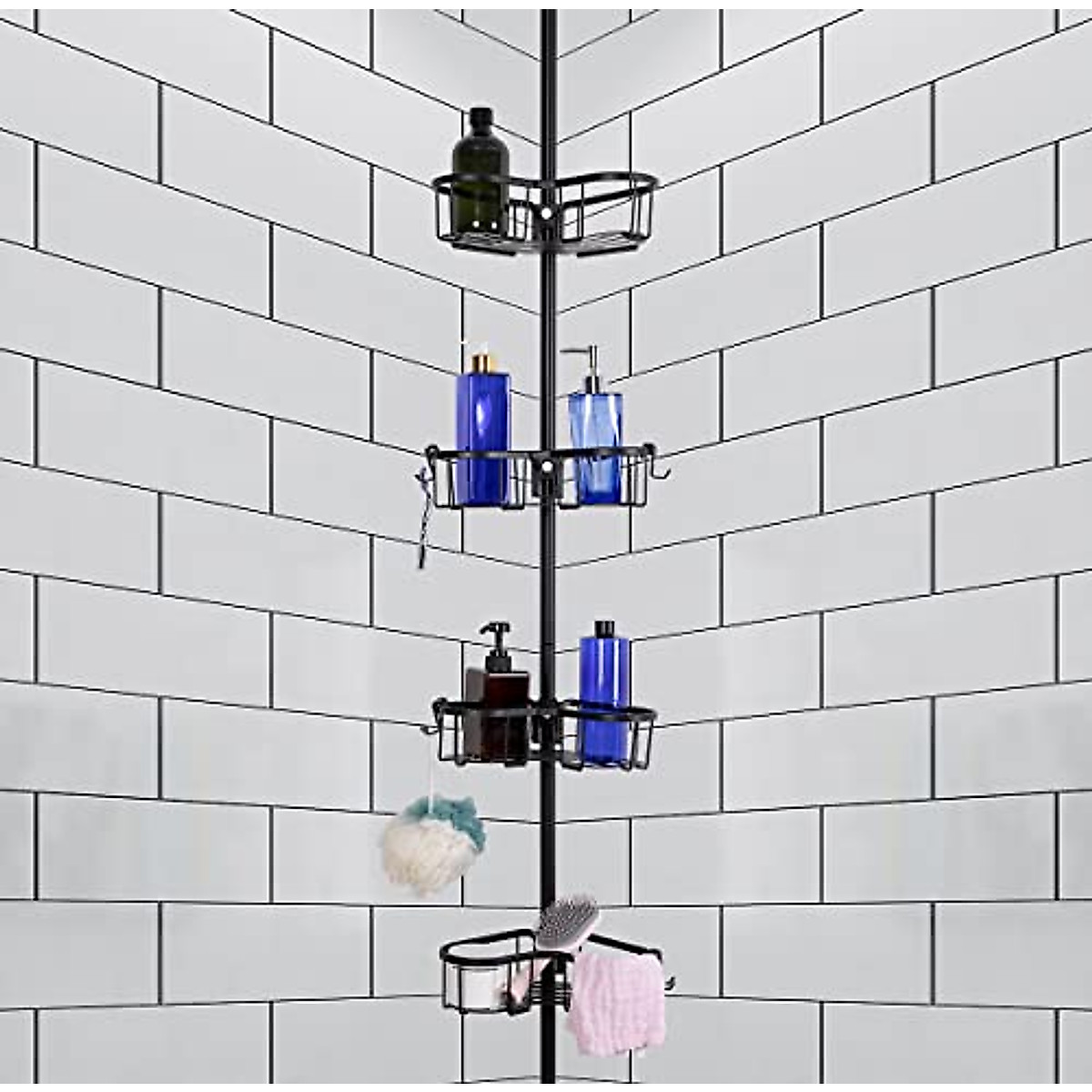 Utopia Alley Flat Shelf Tension Rod Shower Organizer - Rustproof Corner Shower Caddy with 4 Adjustable Shelves - Stand Up Shower Corner Shelf, Bathtub Corner Rack - Matte Black Finish