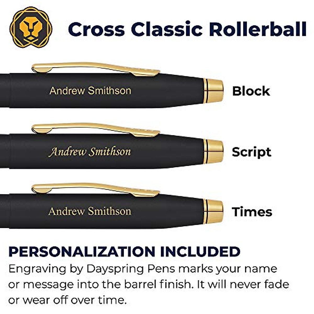 Dayspring Pens Cross Rollerball Pen | Engraved/Personalized Cross Classic Century Black Rollerball Pen with Gold Trim AT0085-110. Custom Laser Engraving of Your Personalized Gift Recipient's Name