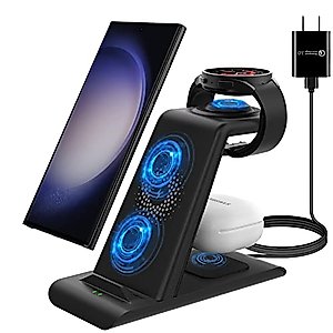 Wireless Charger for Samsung,3 in 1 Charging Station for Magnetic Galaxy Watch 5/5 Pro/4 Active 2/1 Galaxy S23/Ultra/S23+/S22/Note 20/10/Z Flip 4/3 Fold 4/3 Galaxy Buds 2/2 Pro/Live Multiple Devices
