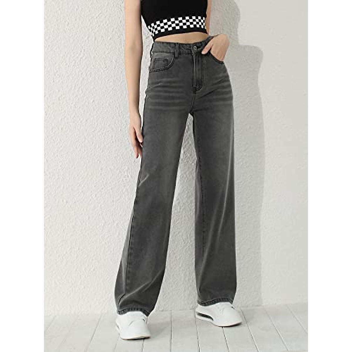 SweatyRocks Girl's High Waisted Solid Straight Leg Jeans Casual Loose Denim Pants Dark Grey 12-13Y