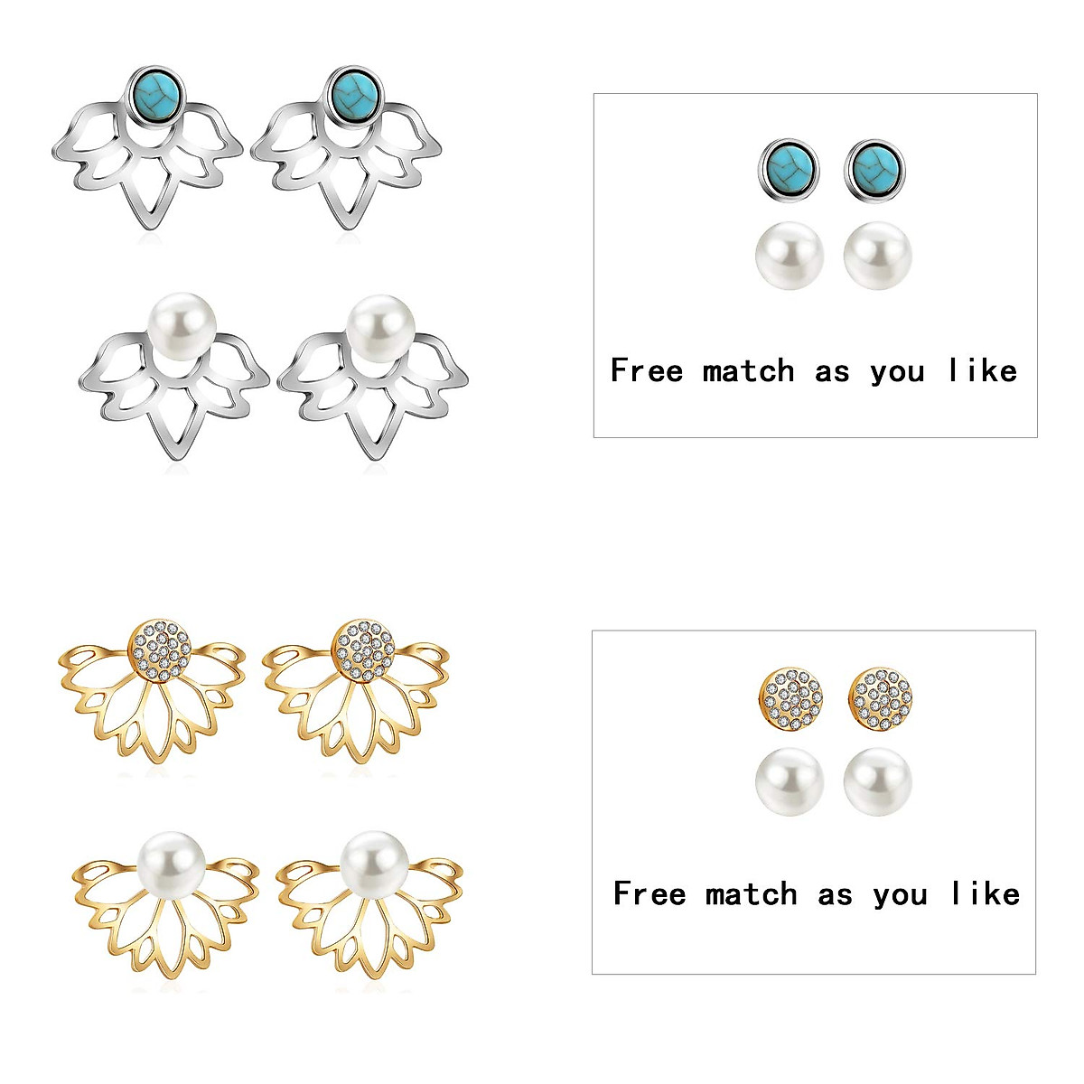 18 Pairs Multiple Dainty Lotus Flower Ear Jacket Earrings-Minimalism CZ Bar Turquoise Studs-White Rose Gold Plated Statement Chic Fashion Stud Earring Set New Year Christmas Gift for Teens Girl Women