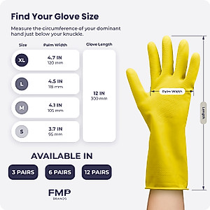 FMP Brands Cleaning Gloves, 12 Pairs Rubber Gloves for Washing Dishes, Non-Slip Dishwashing Gloves, Waterproof Reusable Latex Dish Gloves for Kitchen, Bathroom, Household, Gardening (Large, Yellow)