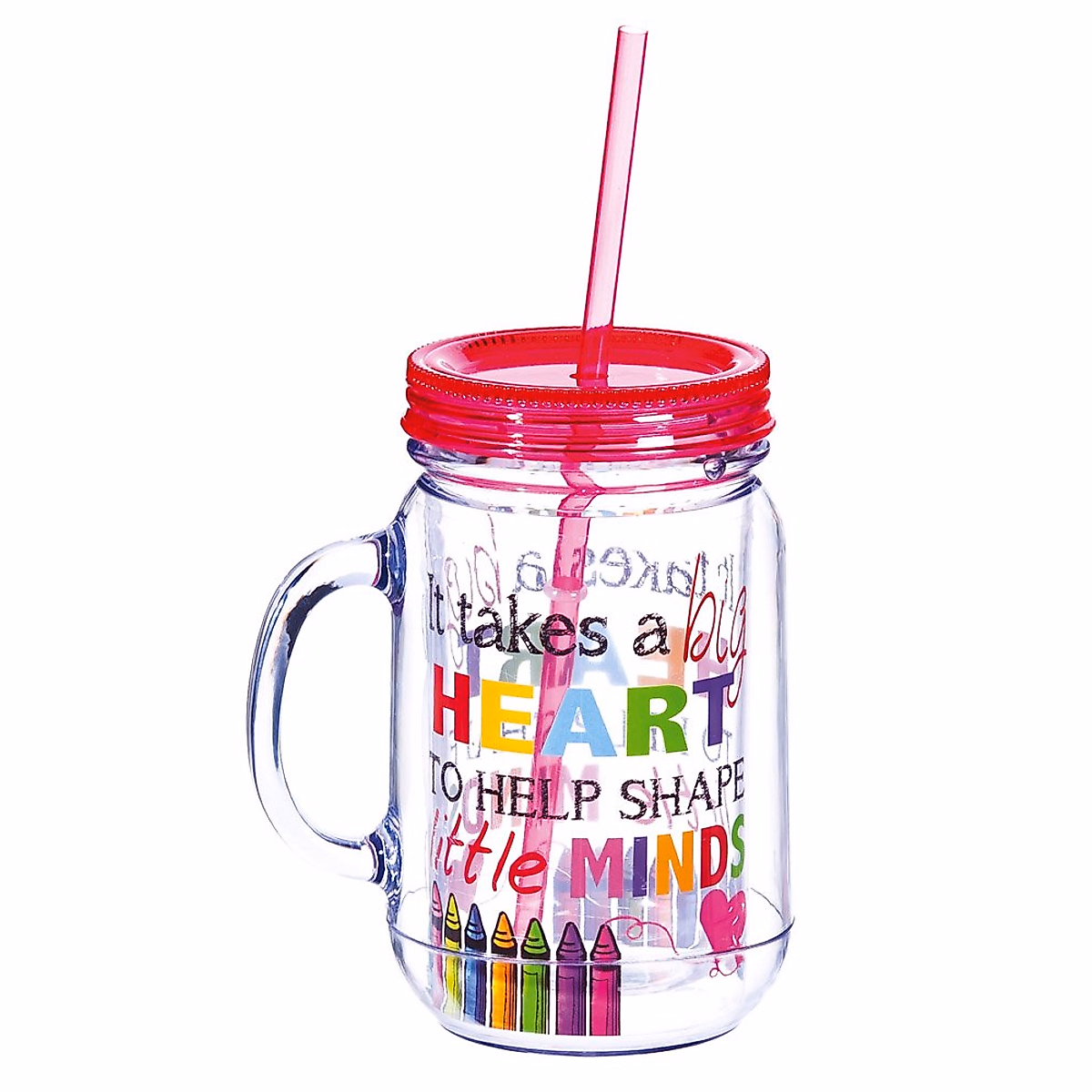 Cypress Home Teacher Appreciation 20 oz Gift Mug It Takes A Big Heart To Help Shape Little Minds | Red | Double Wall Insulated Mason Jar With Straw | 6.25-in Tall x 5-in Wide