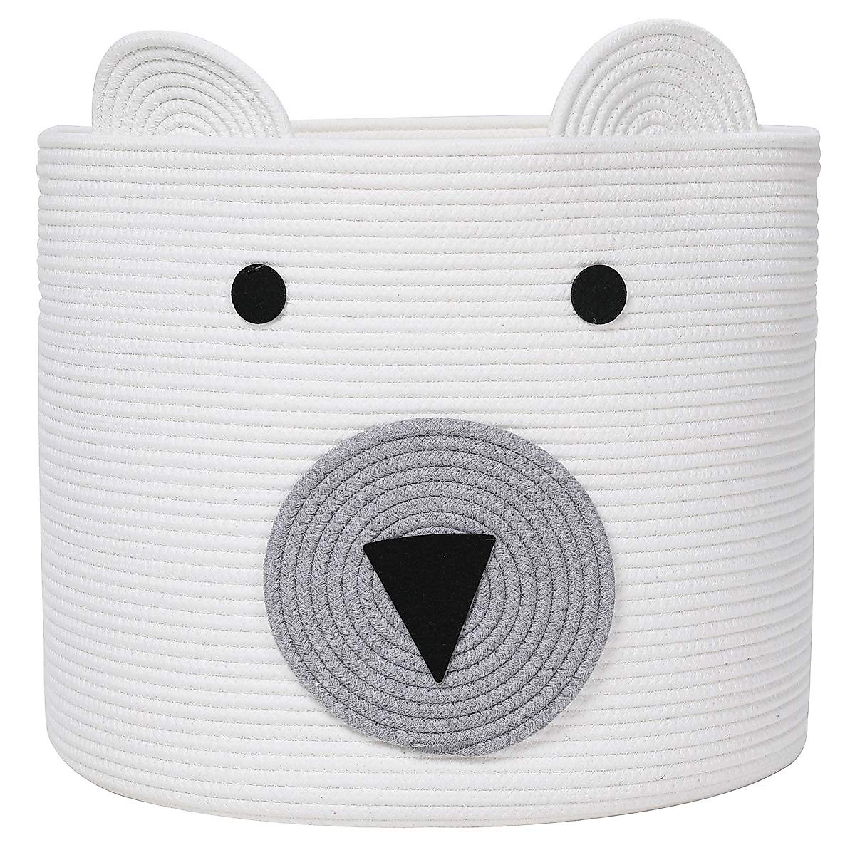 Bear Basket, Animal Basket, Large Cotton Rope Basket, Large Storage Basket, Woven Laundry Hamper, Cloth Storage Bin, for Clothes in Bedroom (White, 18"x15")