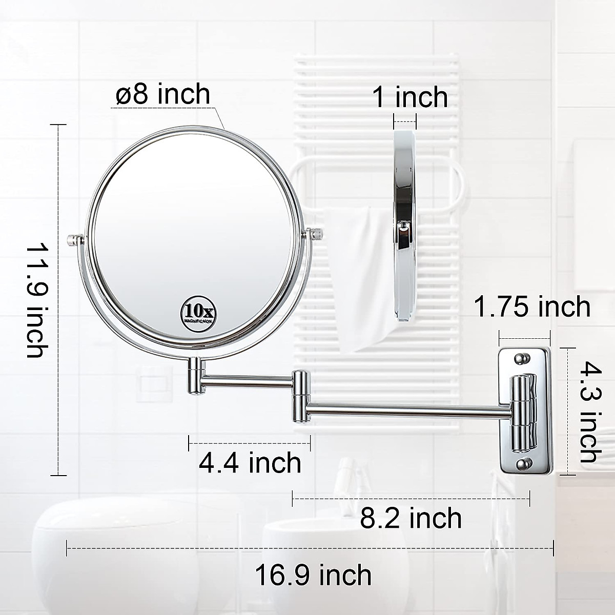 LANSI Wall Mounted Makeup Mirror, 10x/1x Double-Sided Magnifying Mirror, 360° Extendable Arm Bathroom Mirror, 8 inch Vanity Mirror for Makeup or Shaving Chrome Finish