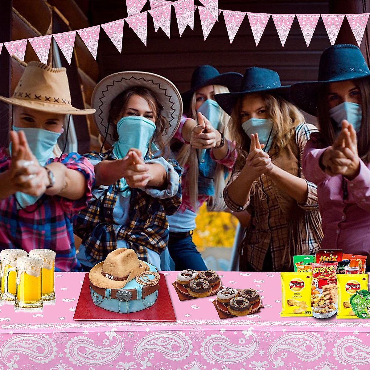 KEFAN Pink Western Cowgirl Horse Party Tablecloth Decorations, Bandana Table Cloth, Triangle Banner, Rectangle Floral Tablecloth for Western Cowgirl Cowboy Themed Party (4pcs)