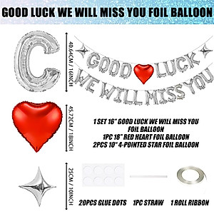Good Luck We Will Miss You Silver Letter Balloons, Big 16 Inch Foil Balloons with Star&Red Heart Farewell Party Decorations for Retirement Coworker Leaving Going Away Goodbye Graduation Party Decor