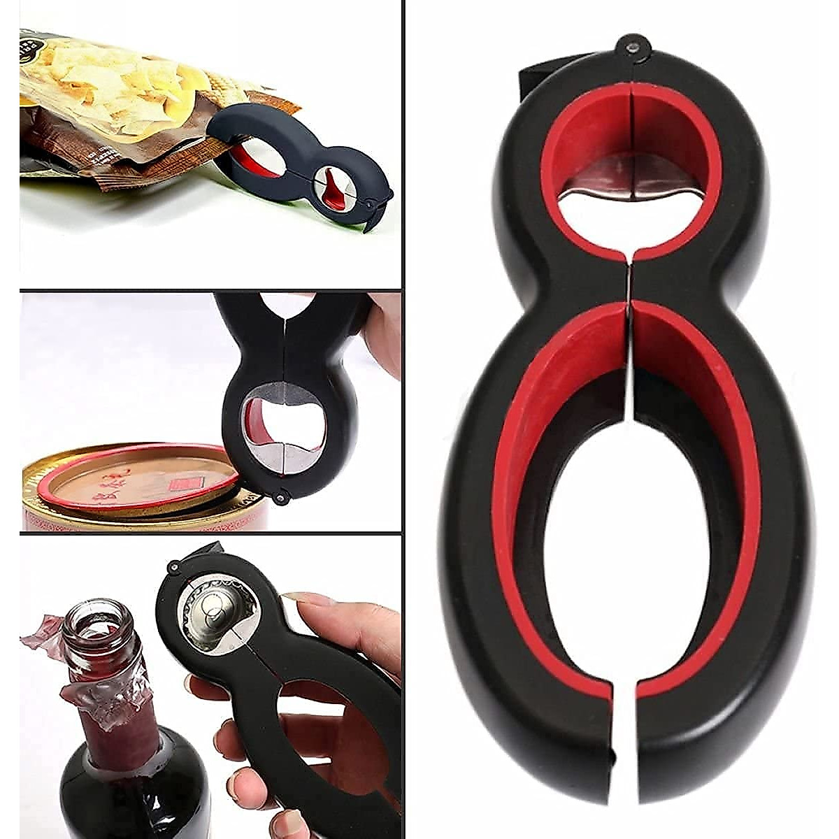 NW Can opener, multi-function 6 in 1 manual safety can opener,beer can opener, kitchen screw cap,high strength stainless steel alloy + PP (TPR) of the handle, Red and Black, 145mm*65mm*22mm