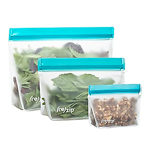 rezip 3-Piece Stand-Up Reusable Bag Bundle | BPA-Free, Food Grade, Leakproof, Freezer and Dishwasher Safe | Quart (1), 2-Cup (1), Snack (1) | Aqua