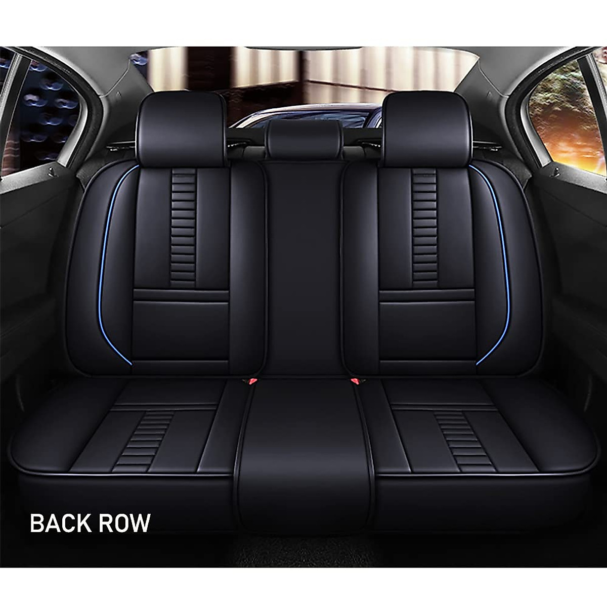 Pengchen Waterproof 5 Car Seat Covers for Nissan Rogue 2008-2025, Premium Faux Leather Automotive Front and Back Seat Protectors Compatible with Airbag Black & Blue Line