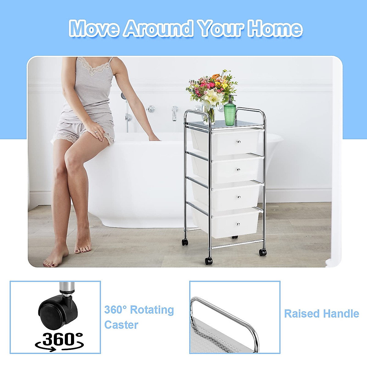 RELAX4LIFE Storage Drawer Carts Classroom Organization Rolling Carts with Wheels 4 Drawers -Craft Organizing Drawers with Plastic Drawers, Utility Cart for Office, School Storage Cart (Clear)