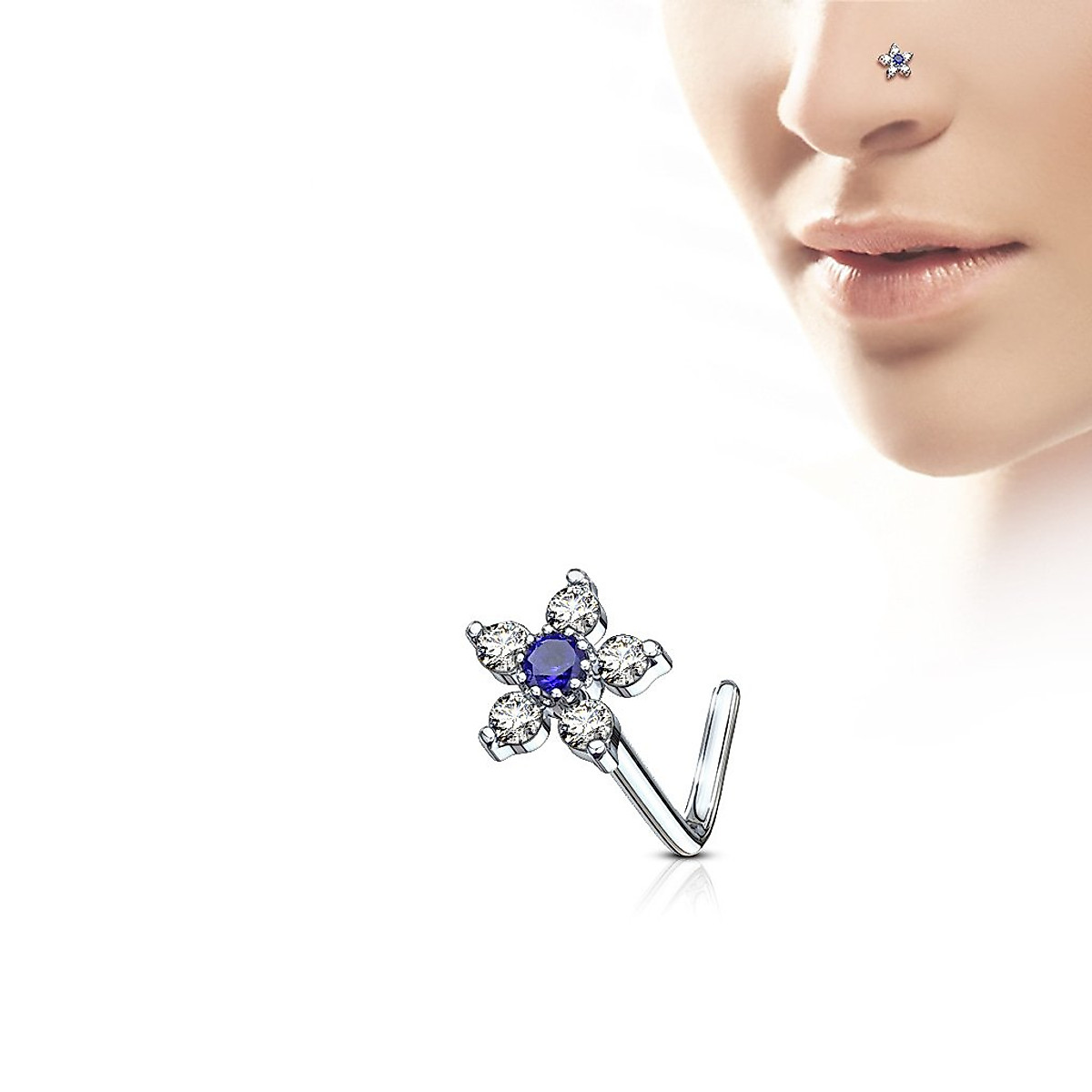 FIFTH CUE 20G 6 CZ Flower Top 316L Surgical Steel L Bend Stud Nose Ring (Clear/Blue)