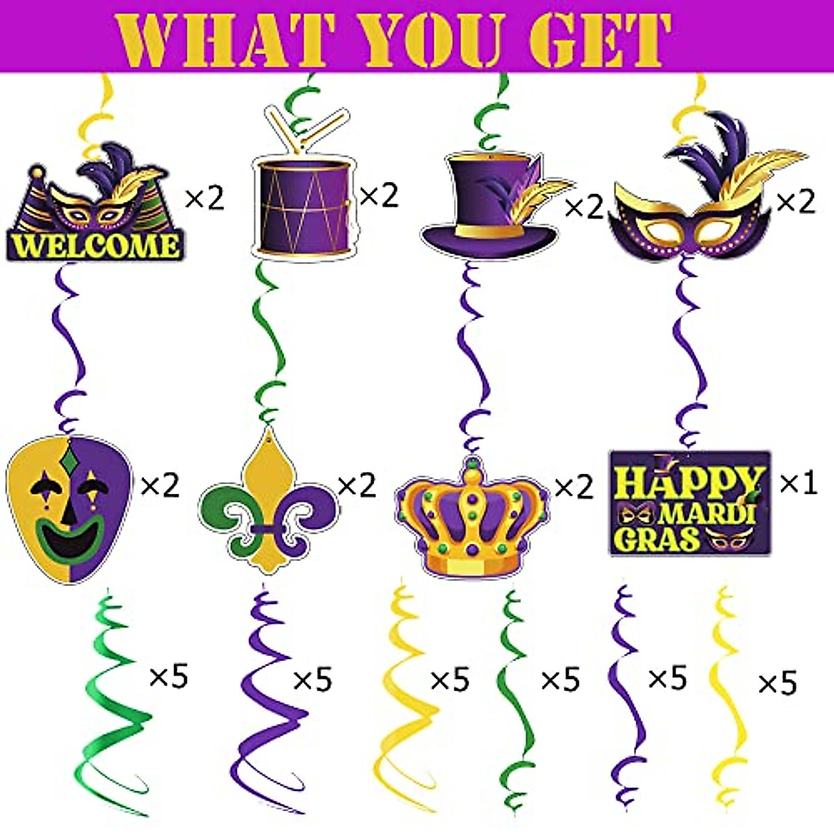 DmHirmg Mardi Gras Hanging Swirl Decorations Mardi Gras Party Decorations Foil Hanging Swirls Gold Green Purple Ceiling Decor for Carnival Masquerade New Orleans Party Birthday Supplies