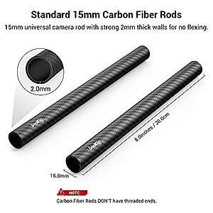 SmallRig 15mm Carbon Fiber Rod for 15mm Rod Support System (Non-Thread), 8 inches Long, Pack of 2 - 870