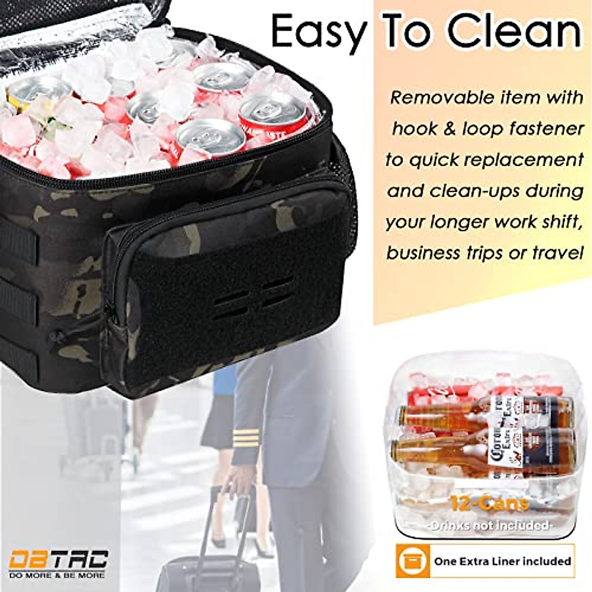 DBTAC Tactical Lunch Box, Large Insulated Lunch Bag Fits 12-Cans w/Water Bottle Pocket | Leakproof Lunch Cooler Tote for EDC Work Travel | Soft & Collapsible Easy-Clean Liner x2, Black Camo