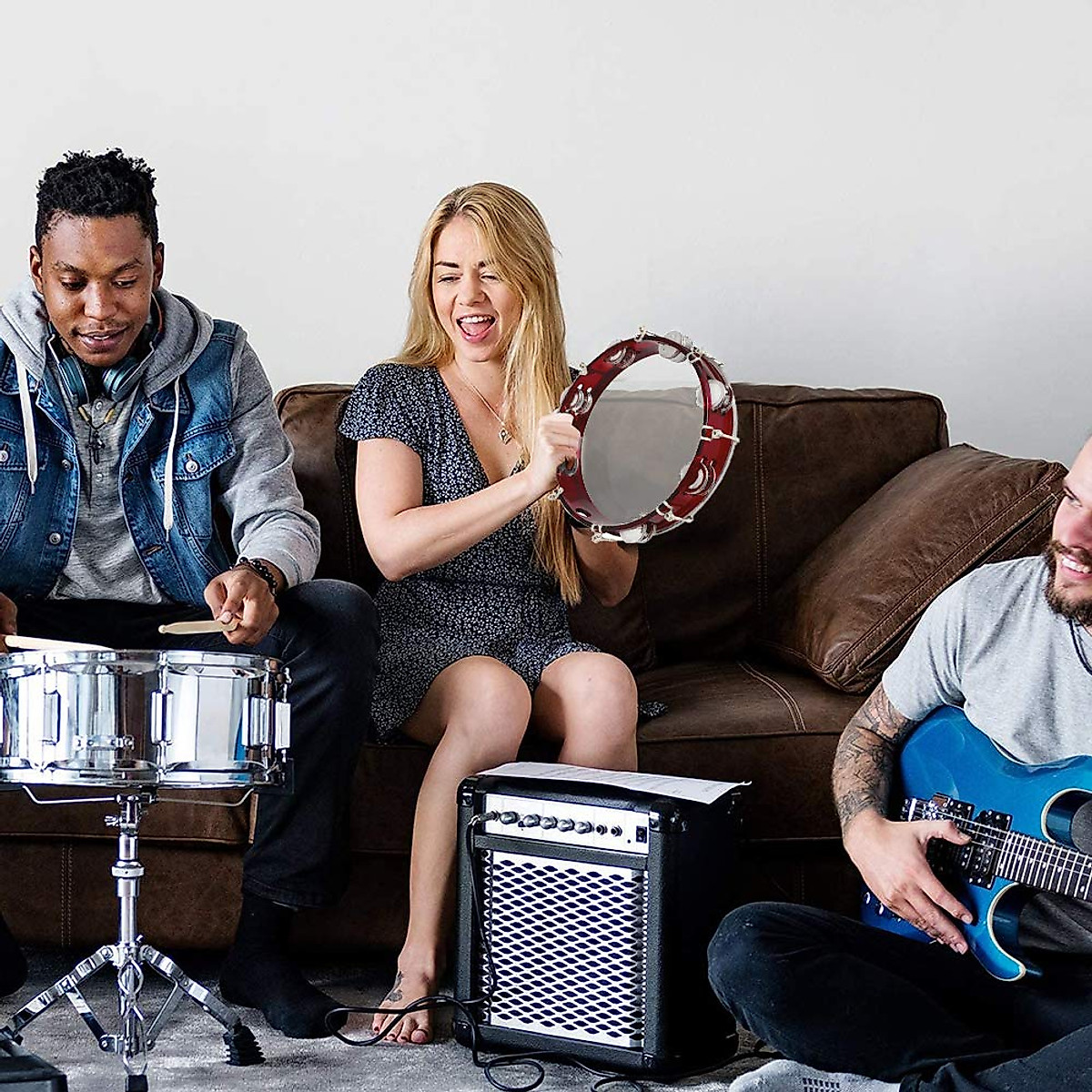 ENNBOM Tambourine Adjustable Tone Hand Drum Double Row Metal Jingles Hand Bell Performance Level Handheld Percussion (Red)