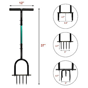nutroeno 3 in 1 Lawn Aerator – 37 Inches Manual Plug Coring for Compacted Soils, Spike Aeration with 4.7 Iron Tines Small Yards, Twist Tiller Claw Cultivator Flower Box and Raised Bed., Green & Black
