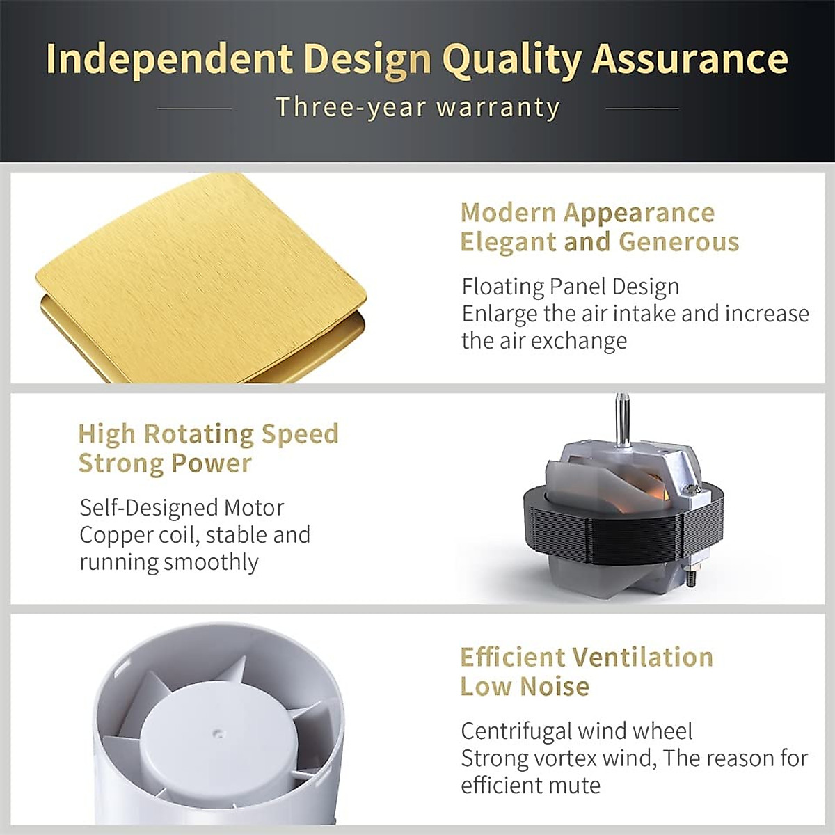 Zeyzer Gold Bathroom Exhaust Fan 110 CFM 1.0 Sone 5.9" Duct Modern Square Ceiling or Wall Mount Ventilation AC Vent Fan for Bathroom/Corridor/Office/Laundry Room/Shop