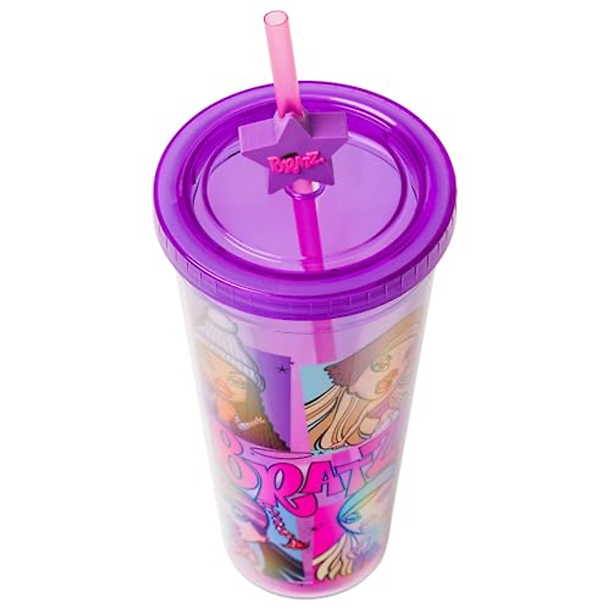 Silver Buffalo Bratz Dolls Featuring Cloe, Yasmin, Jade, and Sasha Pink and Purple Plastic Cold Cup with Lid and Straw Topper, 24 Ounces