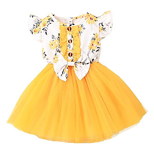 Onththr Toddler Baby Girls Tutu Dress Ruffle Sleeveless Splicing Floral Princess Dresses Summer Clothes Outfits (2T, Yellow)