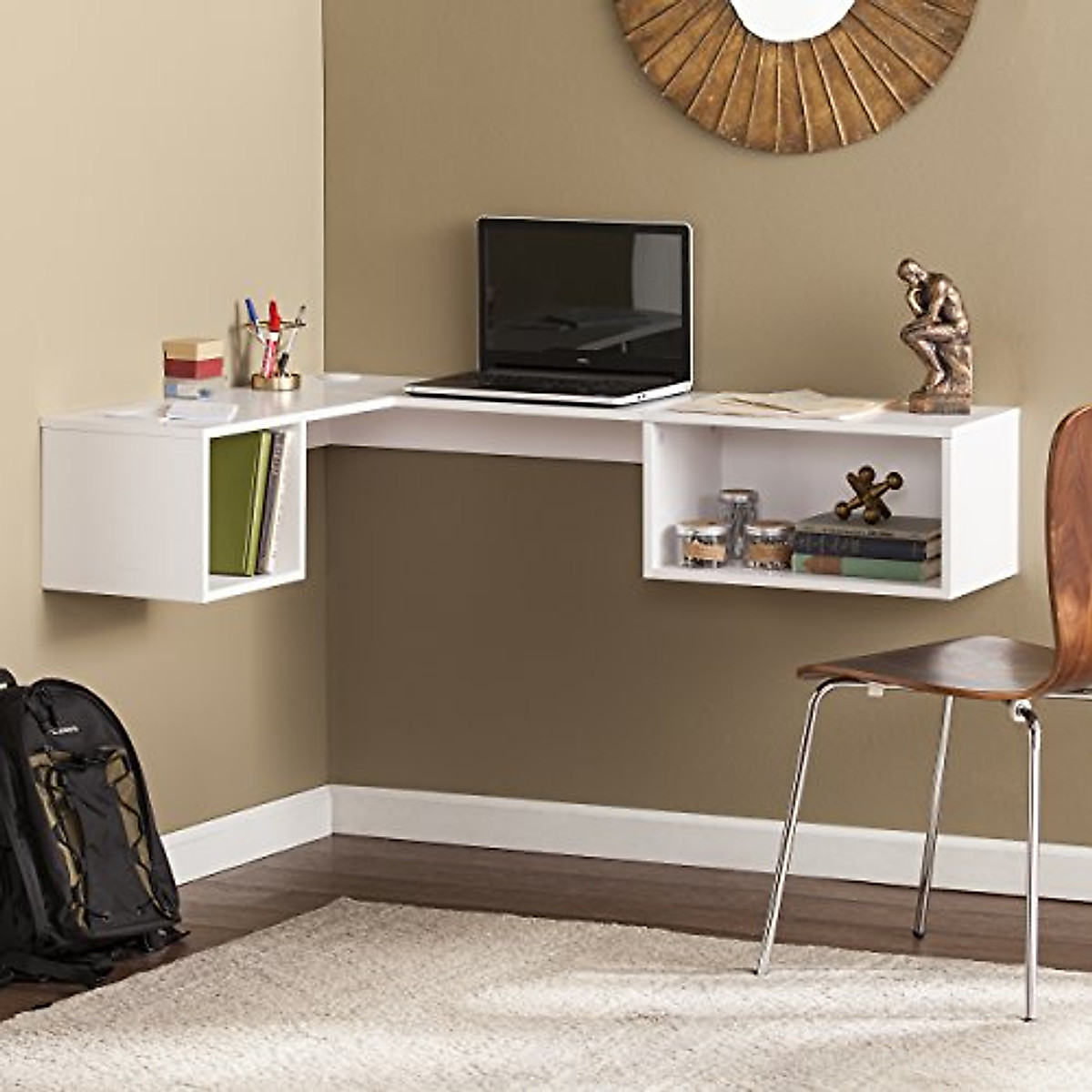SEI Furniture Flynn Floating Wall Mount Corner Desk - Storage Cubbies - Pure White Finish