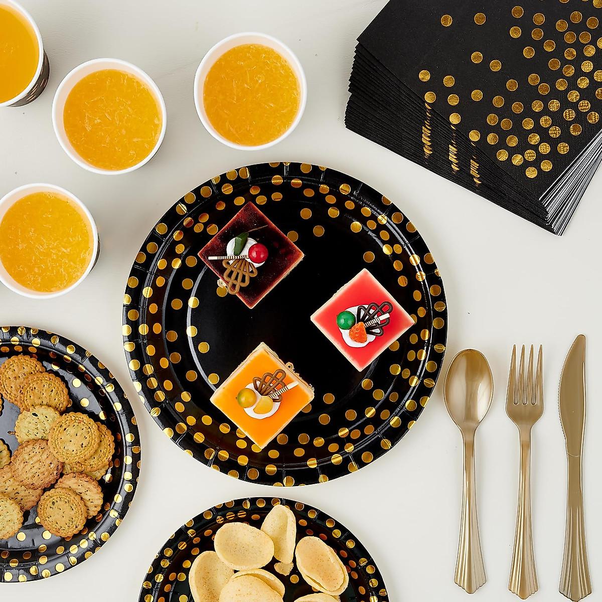 Black and Gold Party Supplies - 350 PCS Disposable Dinnerware Set - Black Paper Plates Napkins Cups, Gold Plastic Forks Knives Spoon for Halloween, Graduation, Birthday, Cocktail Party